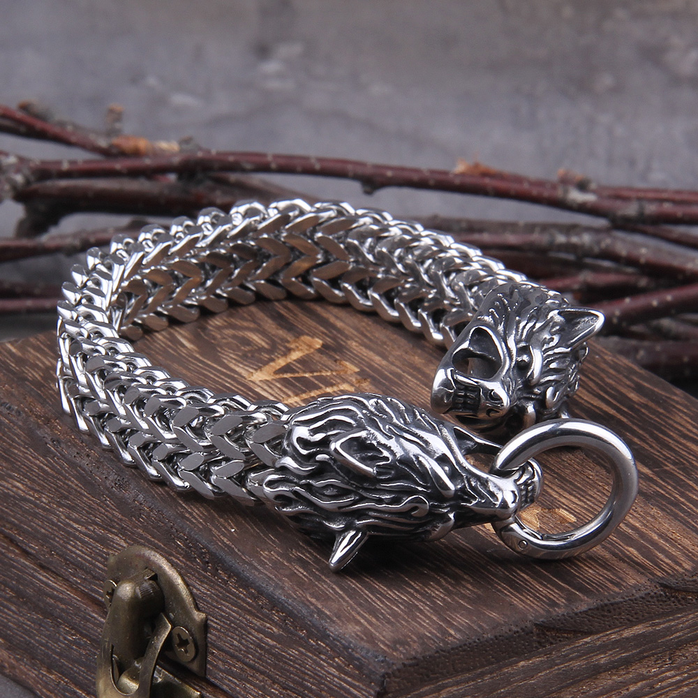Viking Wolf Skoll and Hati Charm Bracelet Stainless Steel